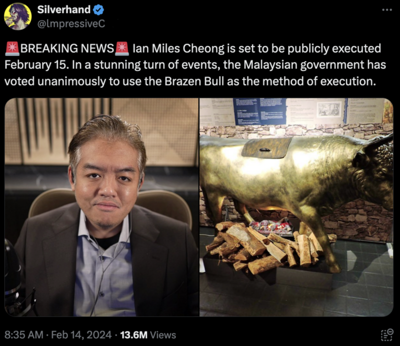 Who Is Ian Miles Cheong, And Why Are People Talking About His 'Brazen Bull' Puni... | Know Your Meme